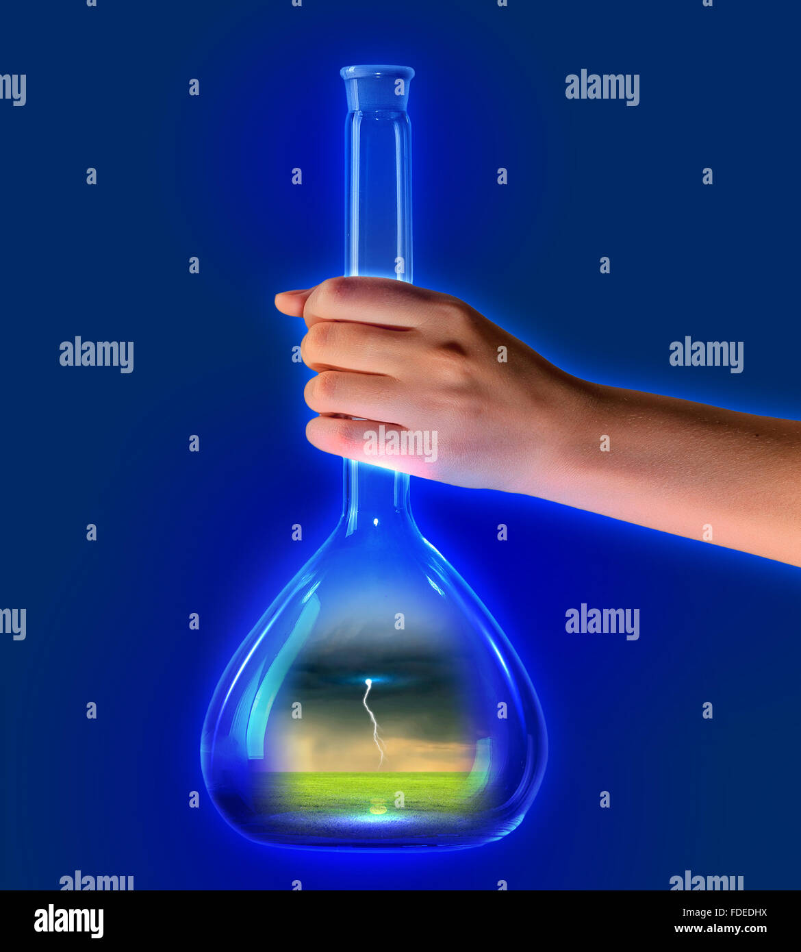 Close up image of human hand holding test tube with lightning Stock ...