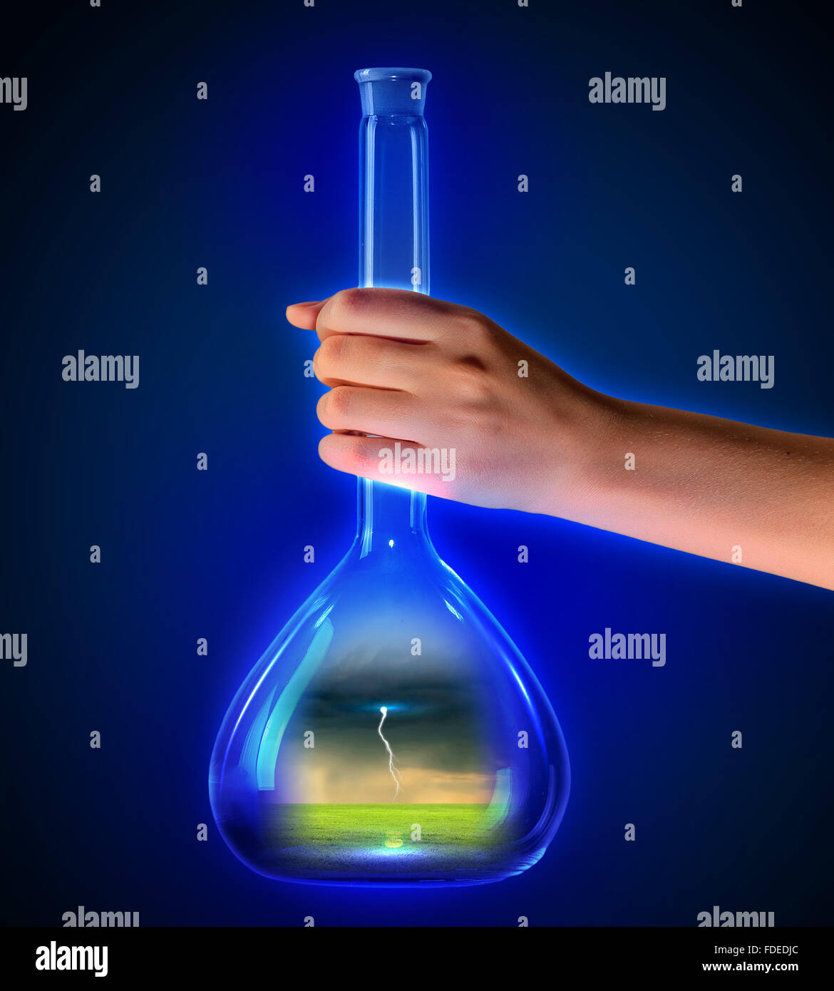 Close up image of human hand holding test tube with lightning Stock ...