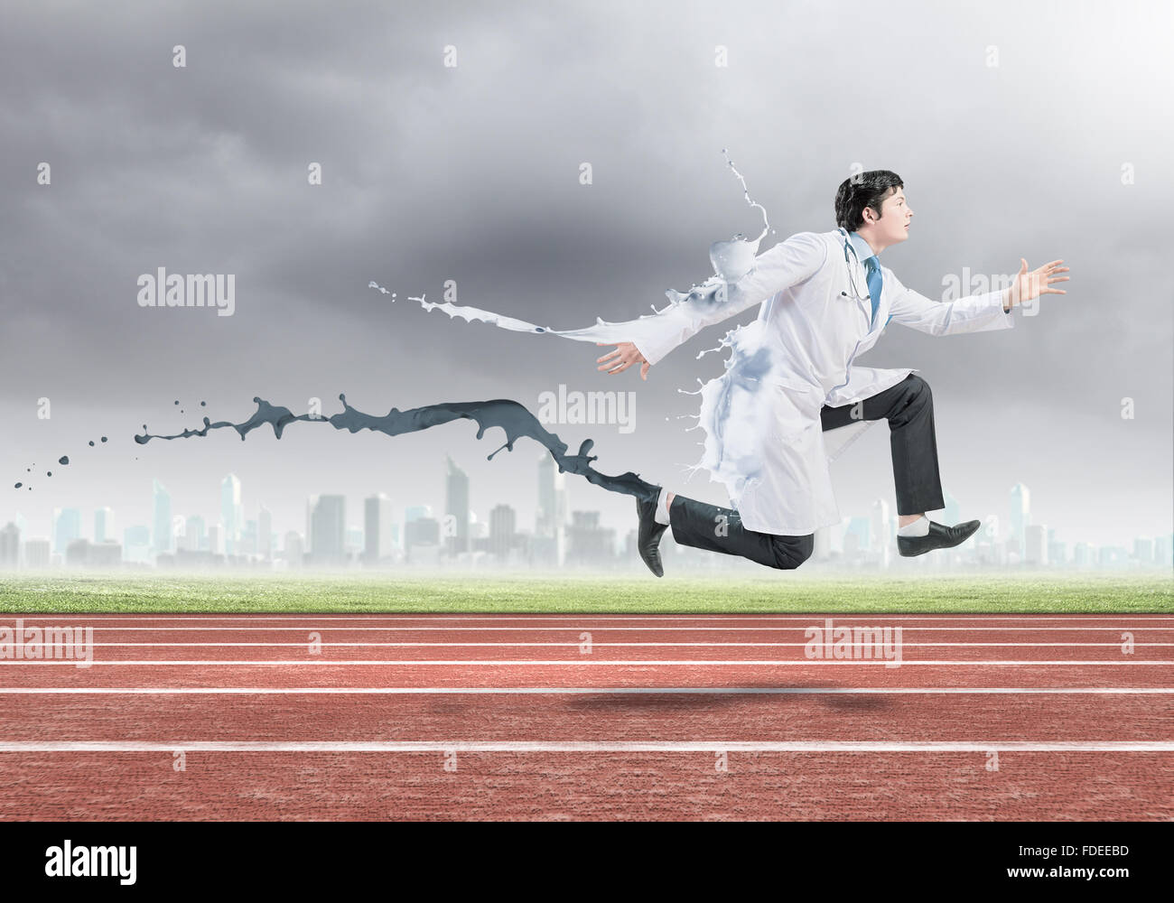Funny image of doctor running at stadium Stock Photo - Alamy