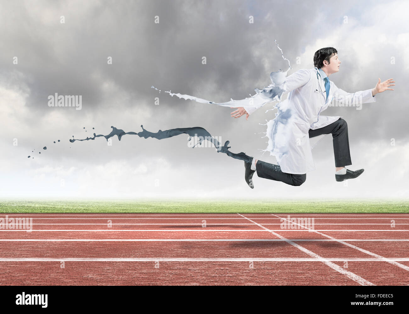 Funny image of doctor running at stadium Stock Photo - Alamy