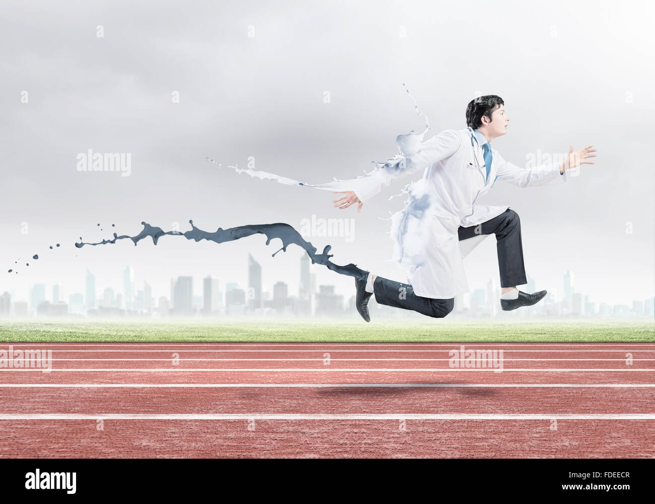 Funny image of doctor running at stadium Stock Photo - Alamy