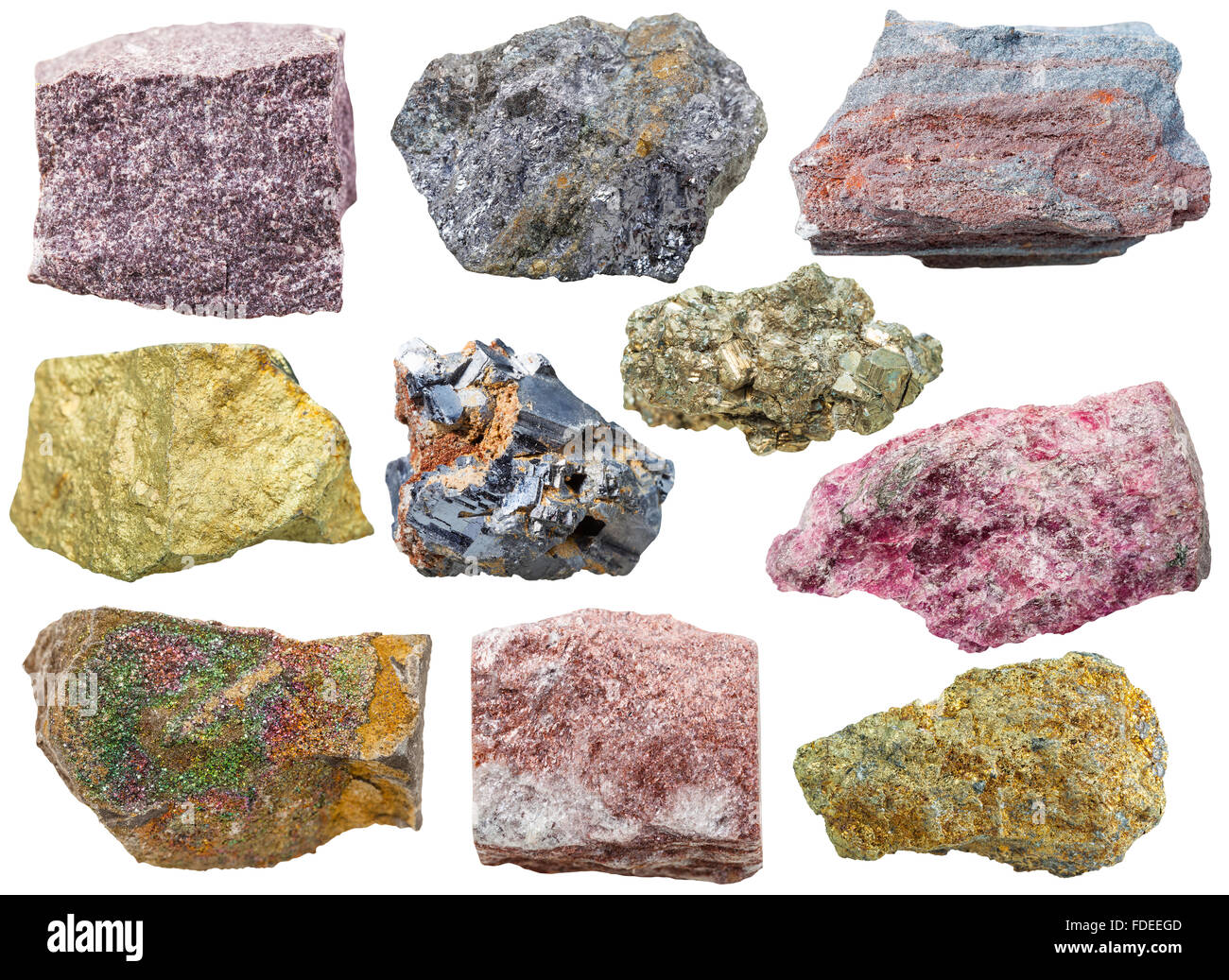 set of various glossy mineral rocks and stones - alunite, galena ...