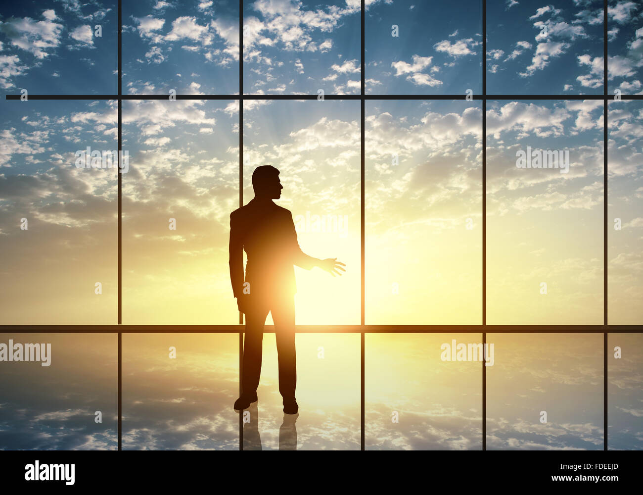 Silhouette of businessman against panoramic office window Stock Photo ...