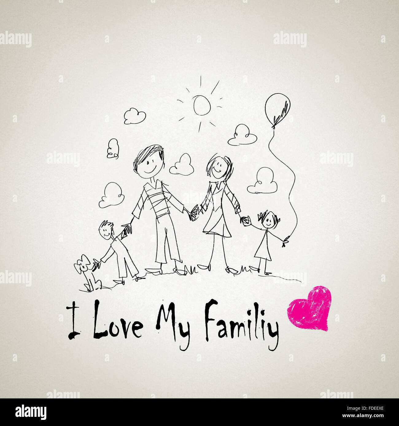 Sketch funny image of happy parents and children Stock Photo - Alamy