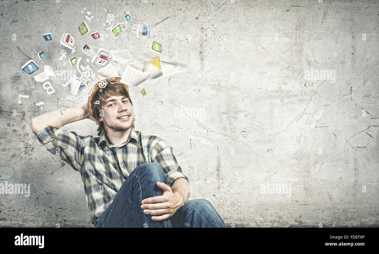 Young thoughtful handsome man in casual thinking over the ideas Stock ...