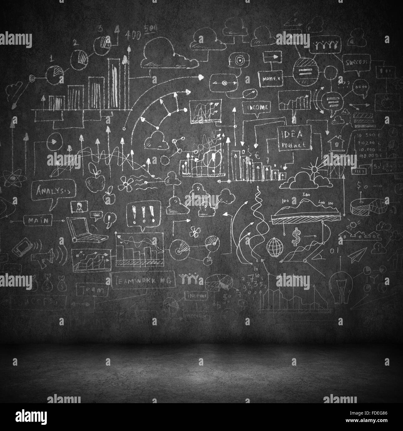 Background image with business strategy sketch on black wall Stock ...
