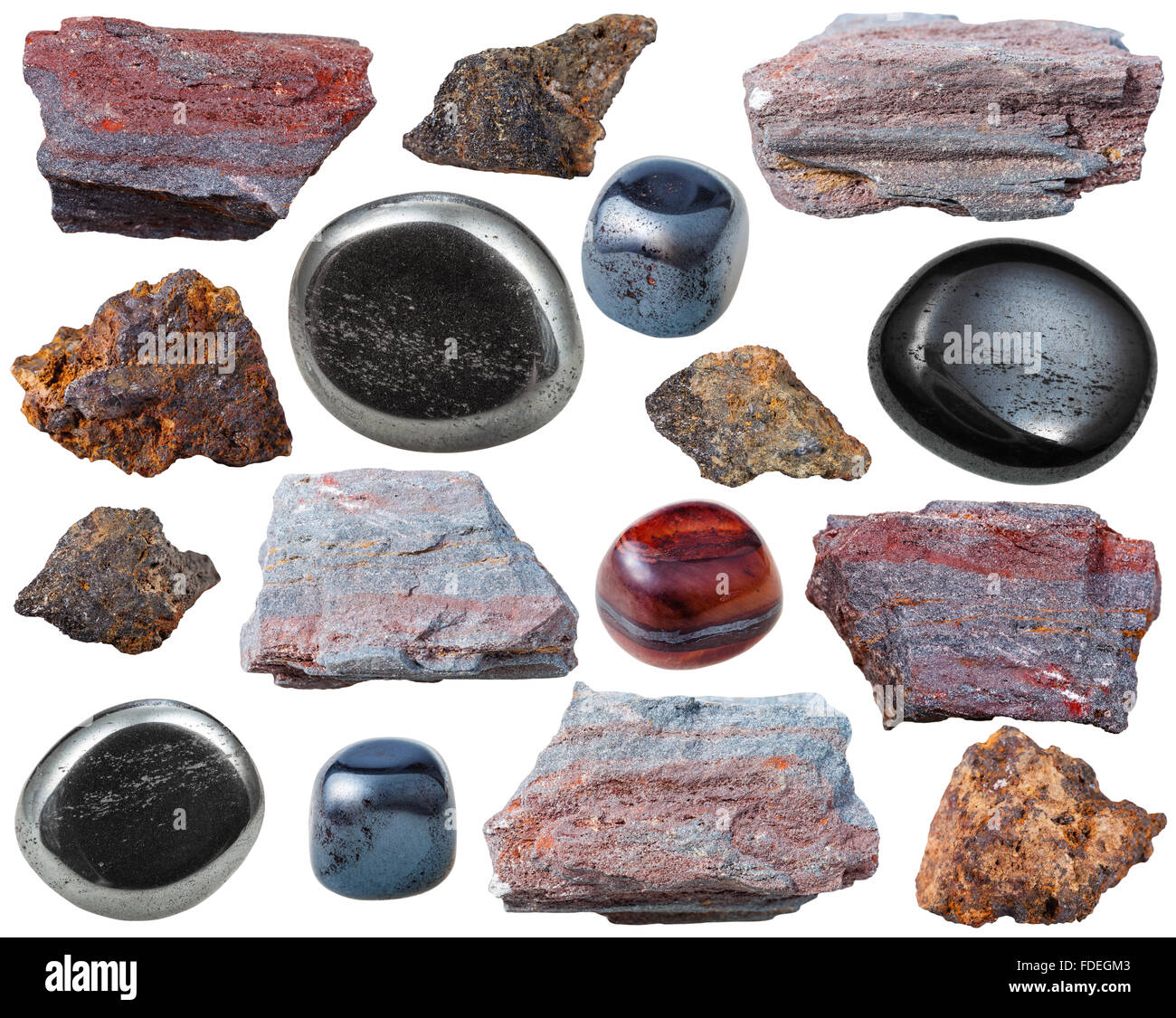 set of natural mineral gemstones - various hematite gem stones and ...