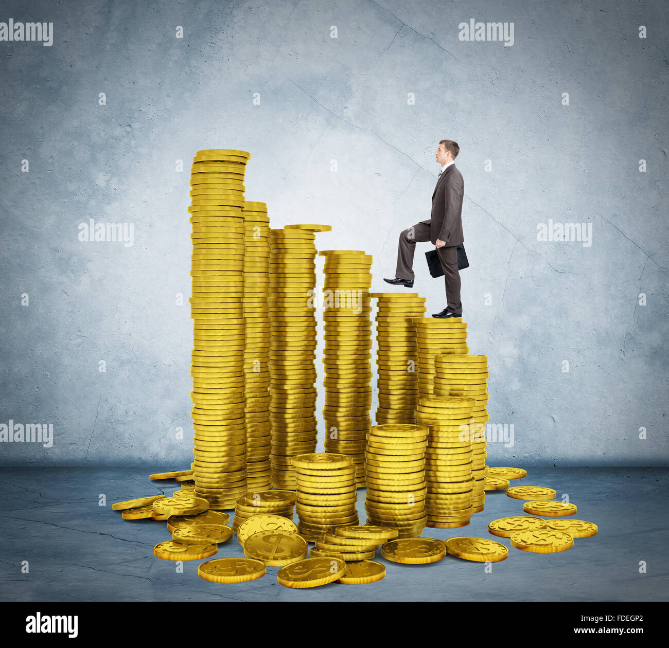 Businessman walking on stack of coins Stock Photo - Alamy