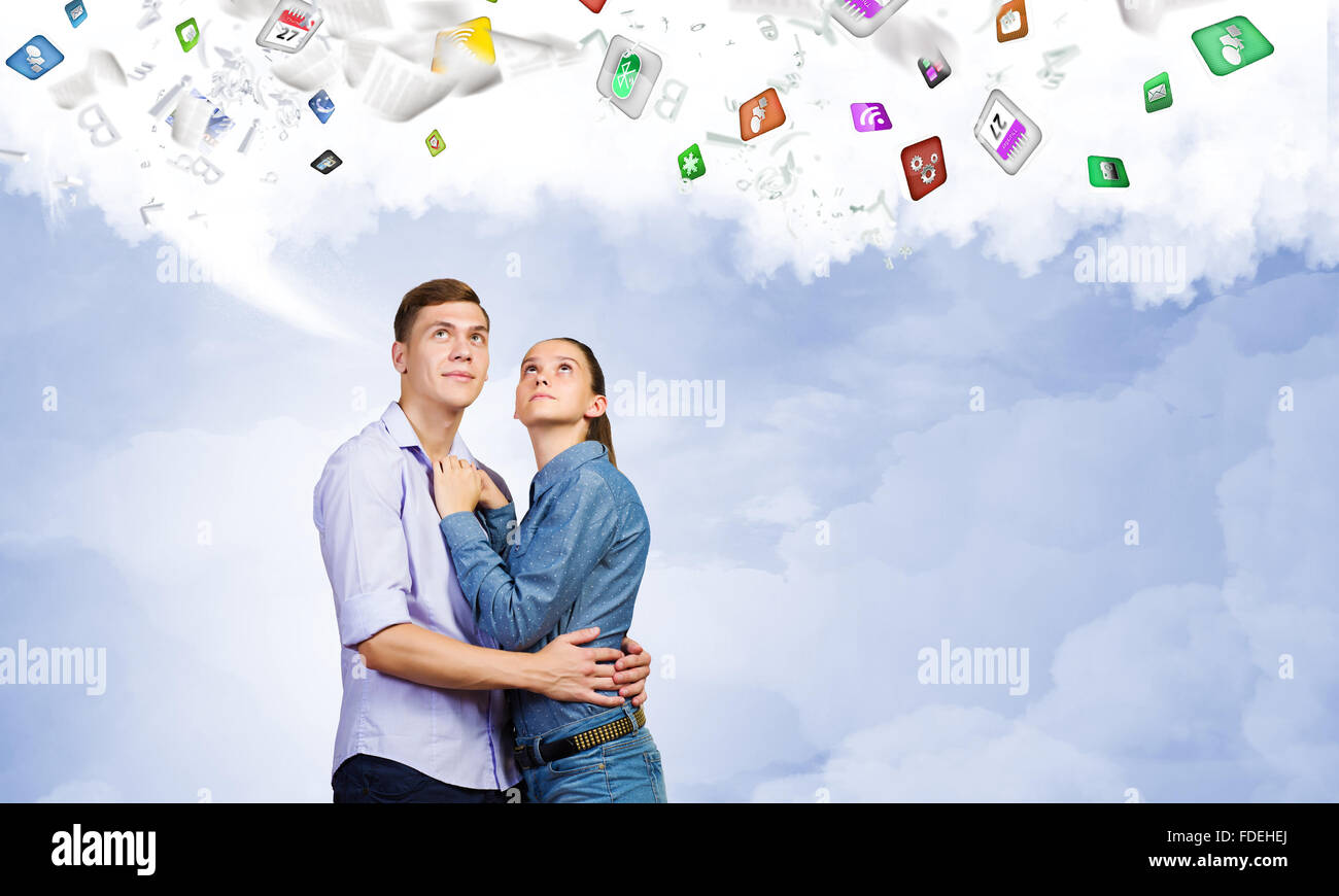Conceptual image of young couple hugging each other and dreaming Stock ...