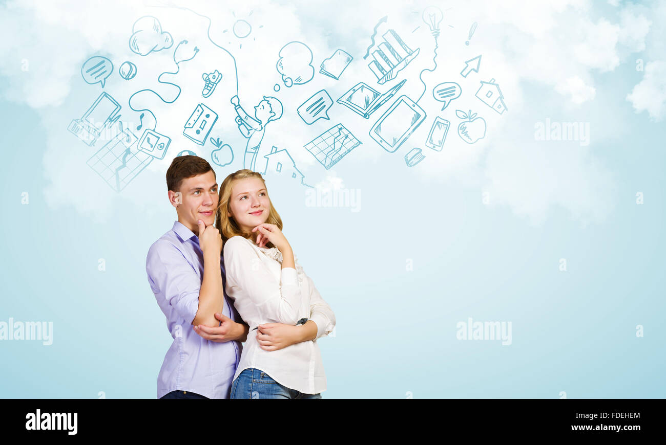 Conceptual image of young couple hugging each other and dreaming Stock ...