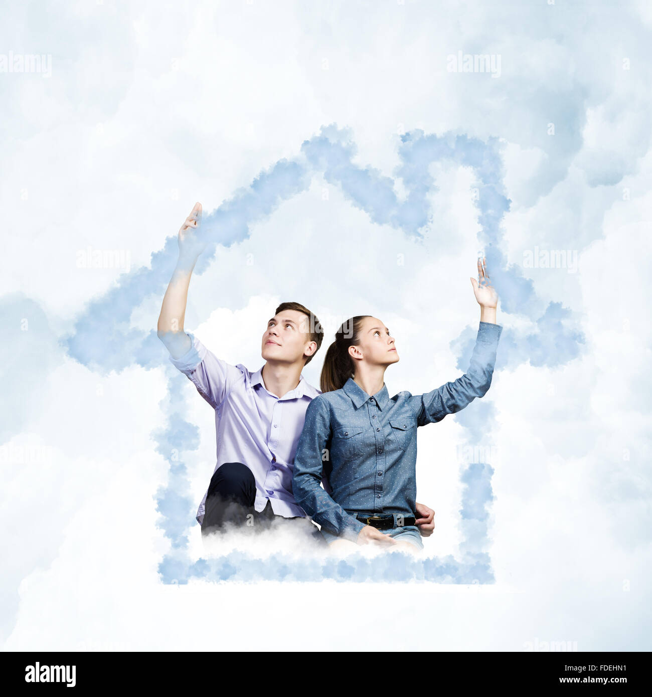 Conceptual image of young couple hugging each other and dreaming Stock ...