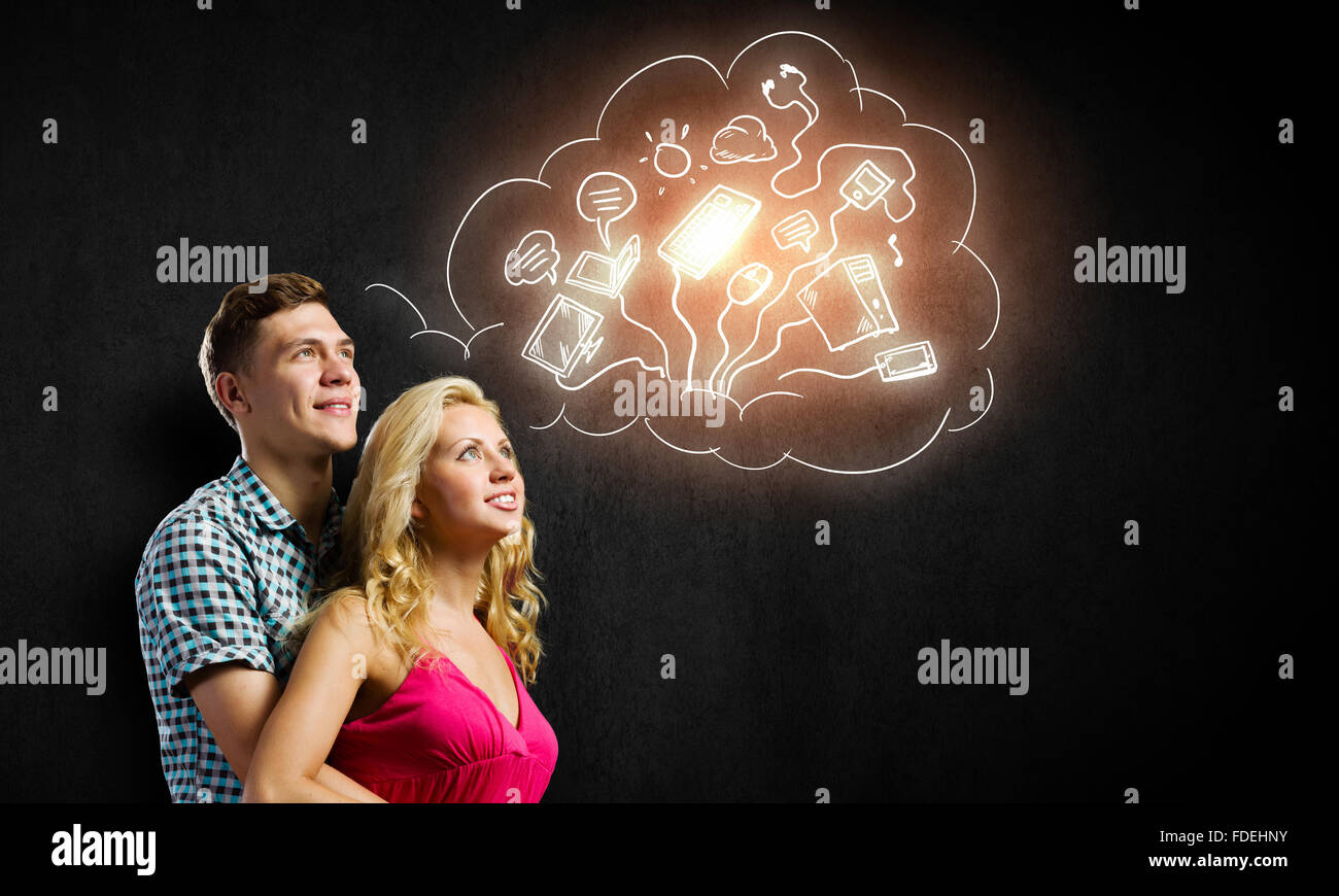 Conceptual image of young couple hugging each other and dreaming Stock ...