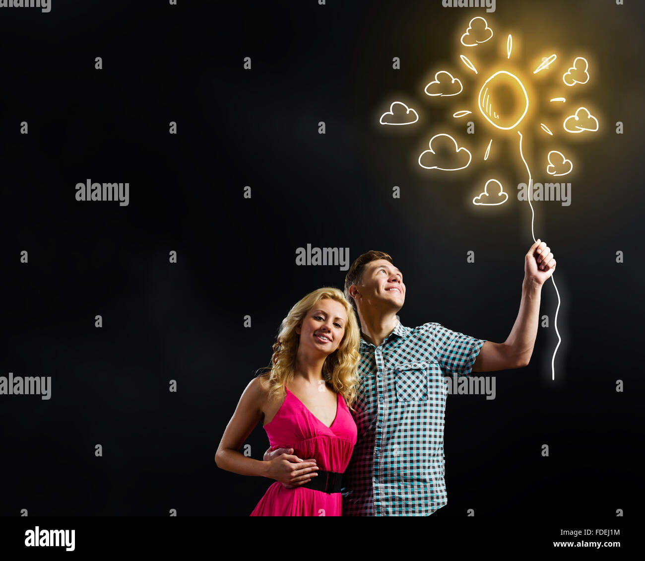 Conceptual image of young couple hugging each other and dreaming Stock ...