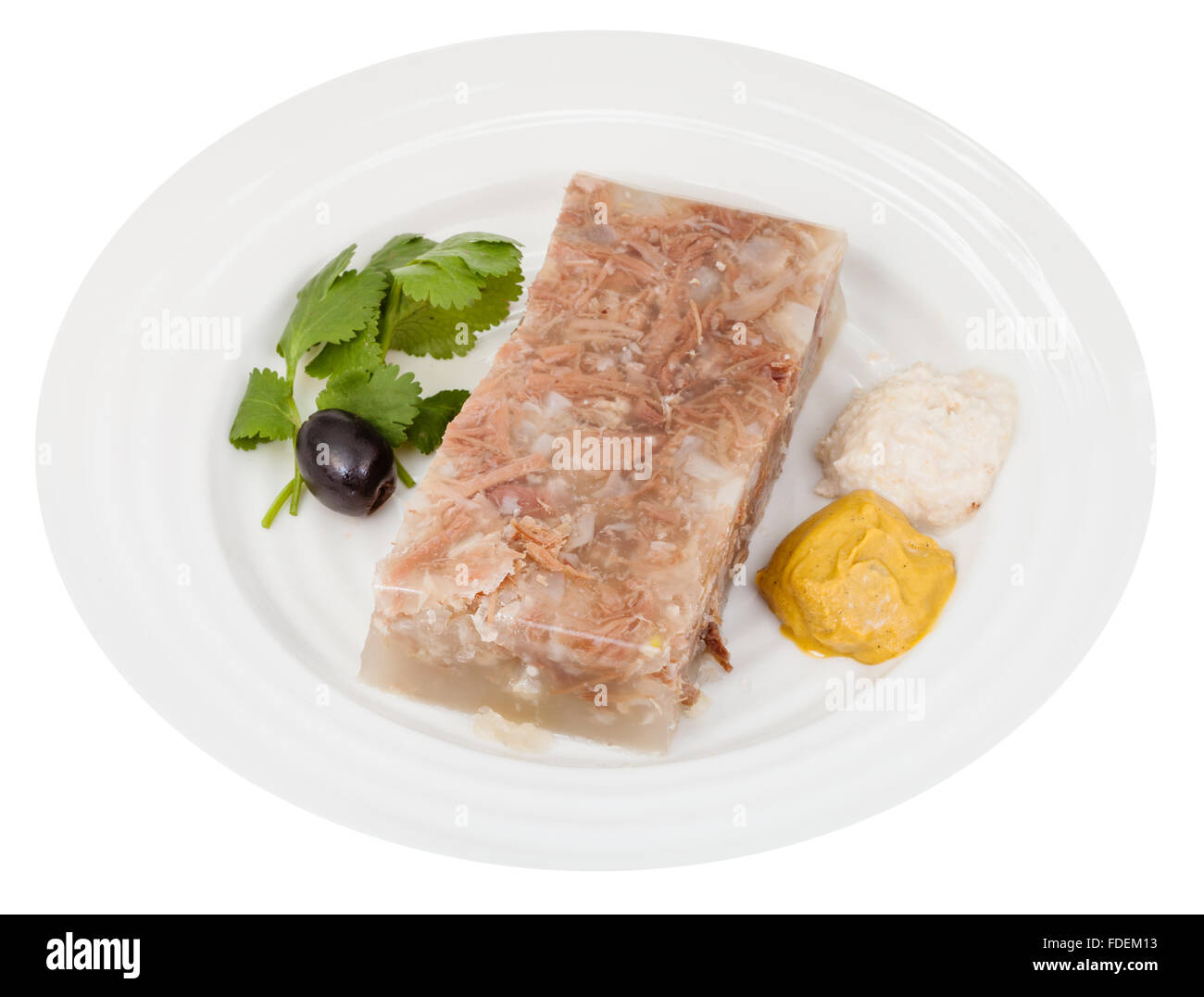 portion of beef aspic with seasonings on white plate isolated on white ...