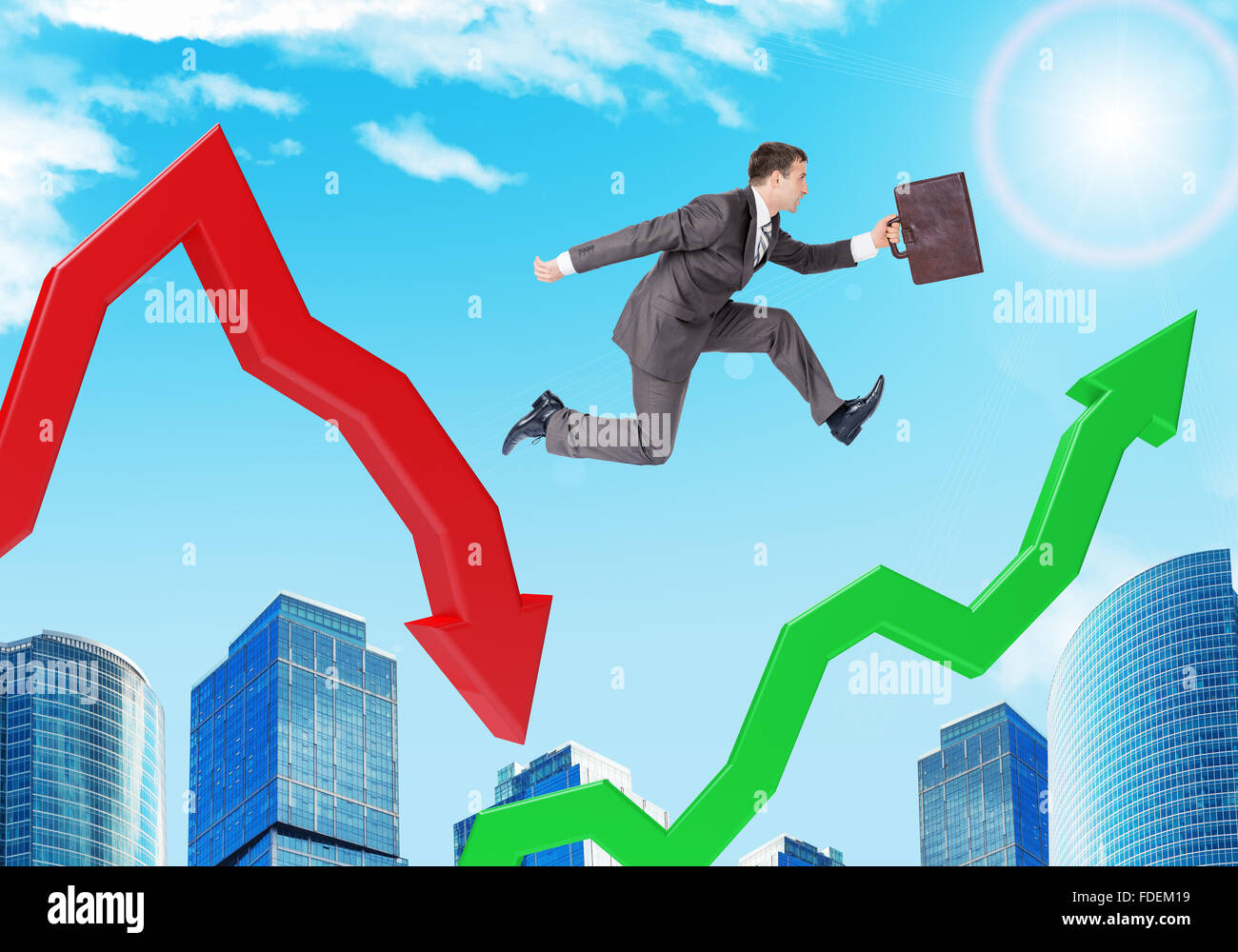 Businessman hopping arrows Stock Photo - Alamy