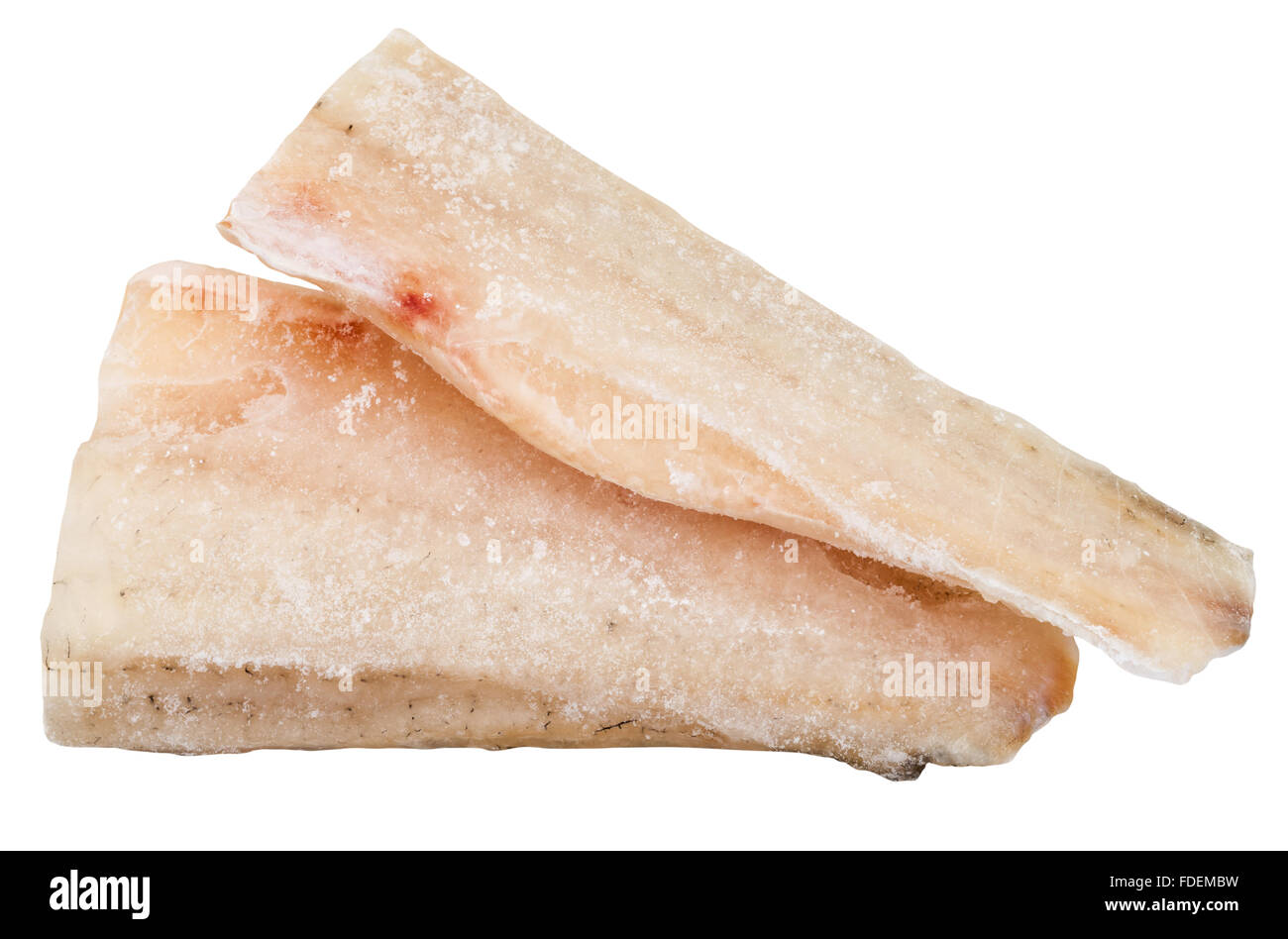 two pieces of frozen zander (pike-perch) fish fillet isolated on white ...