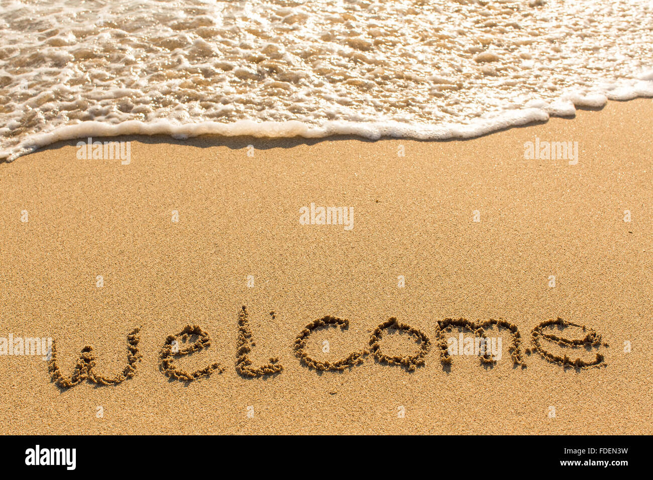 Welcome - inscription on sand beach with the soft wave Stock Photo - Alamy