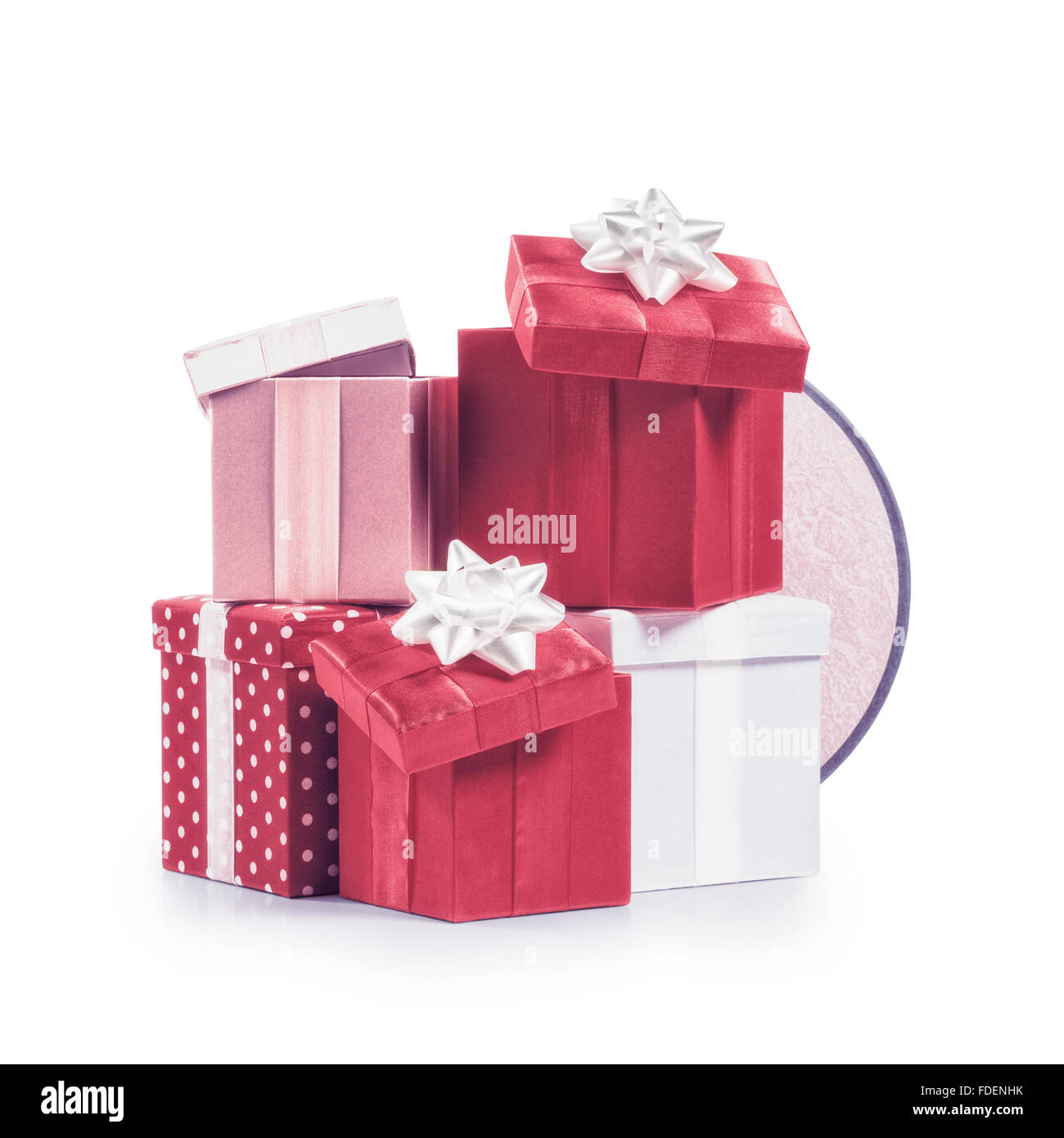 Stacked gift boxes with ribbon bow. Christmas present. Croup of objects ...