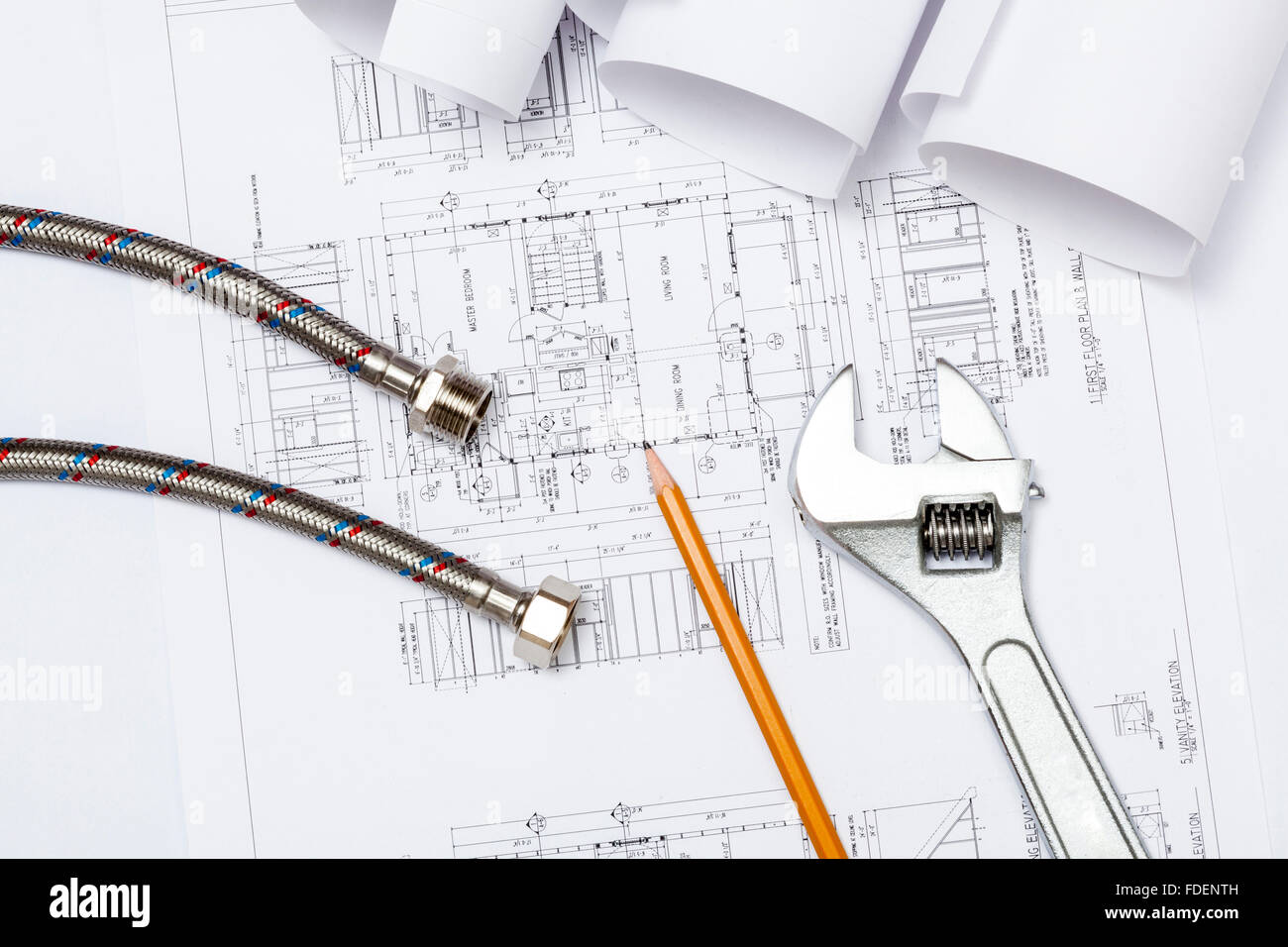 All kinds of plumbing and tools on sheet of paper Stock Photo - Alamy