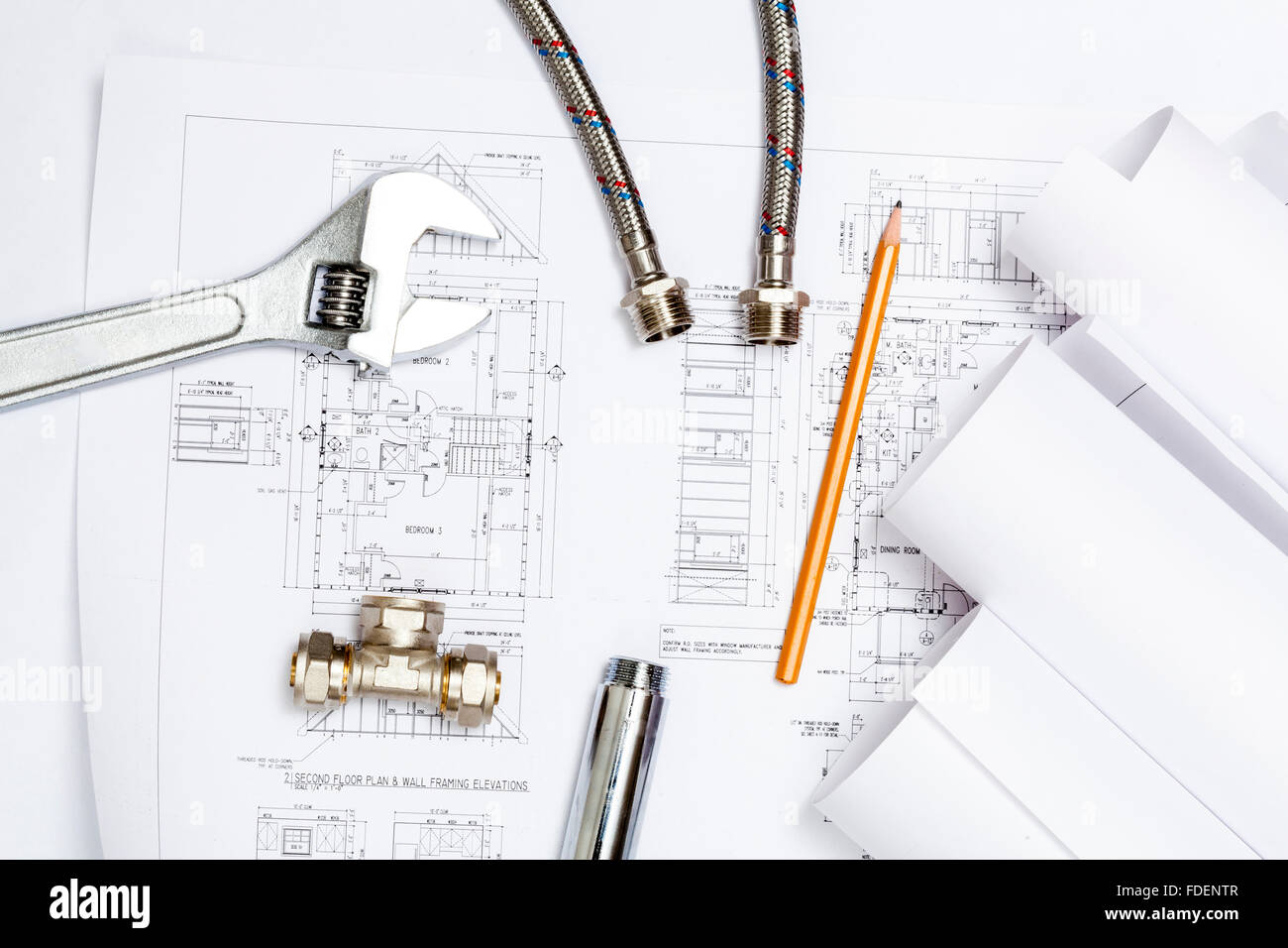 All kinds of plumbing and tools on sheet of paper Stock Photo - Alamy
