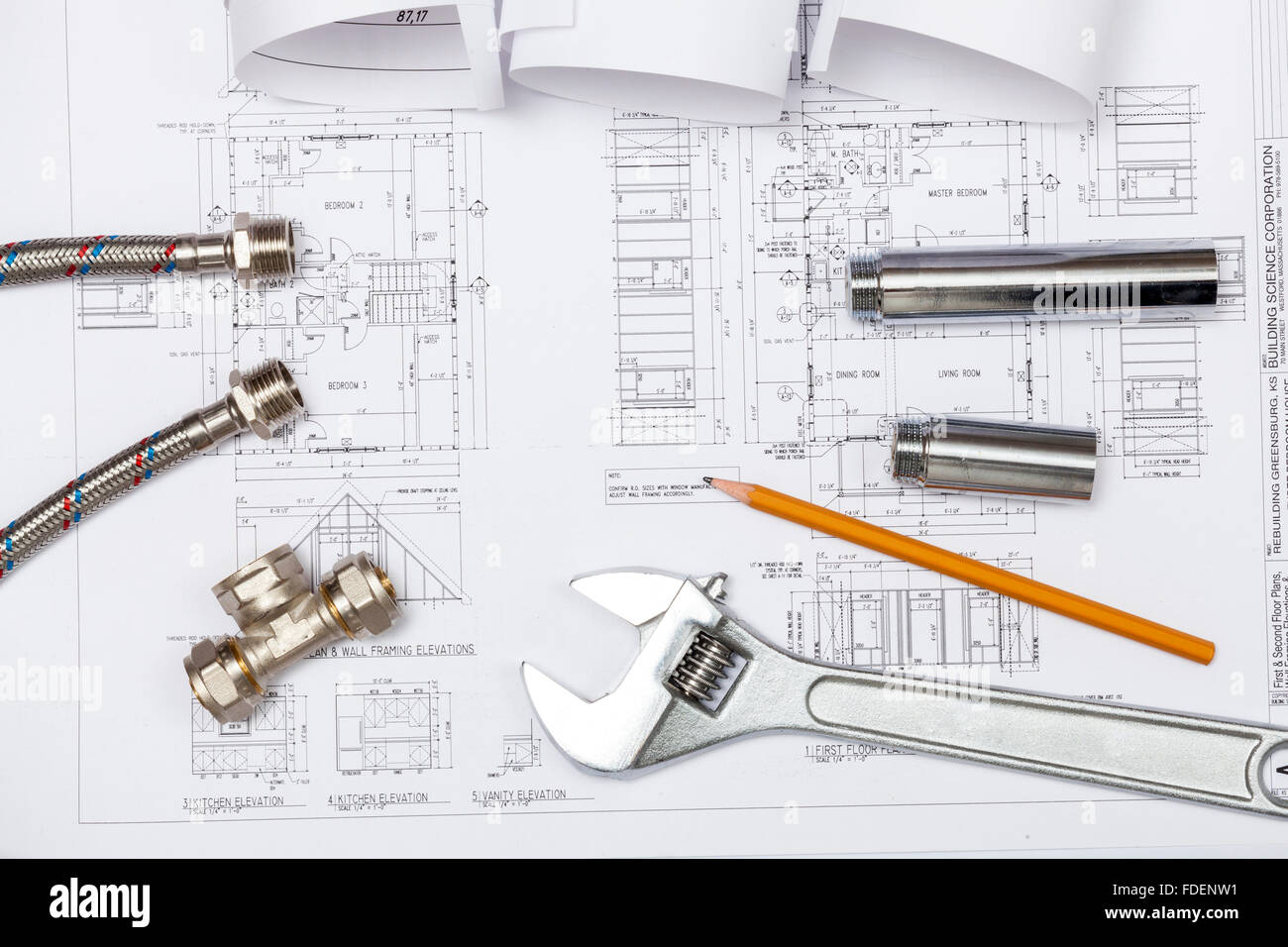 All kinds of plumbing and tools on sheet of paper Stock Photo - Alamy