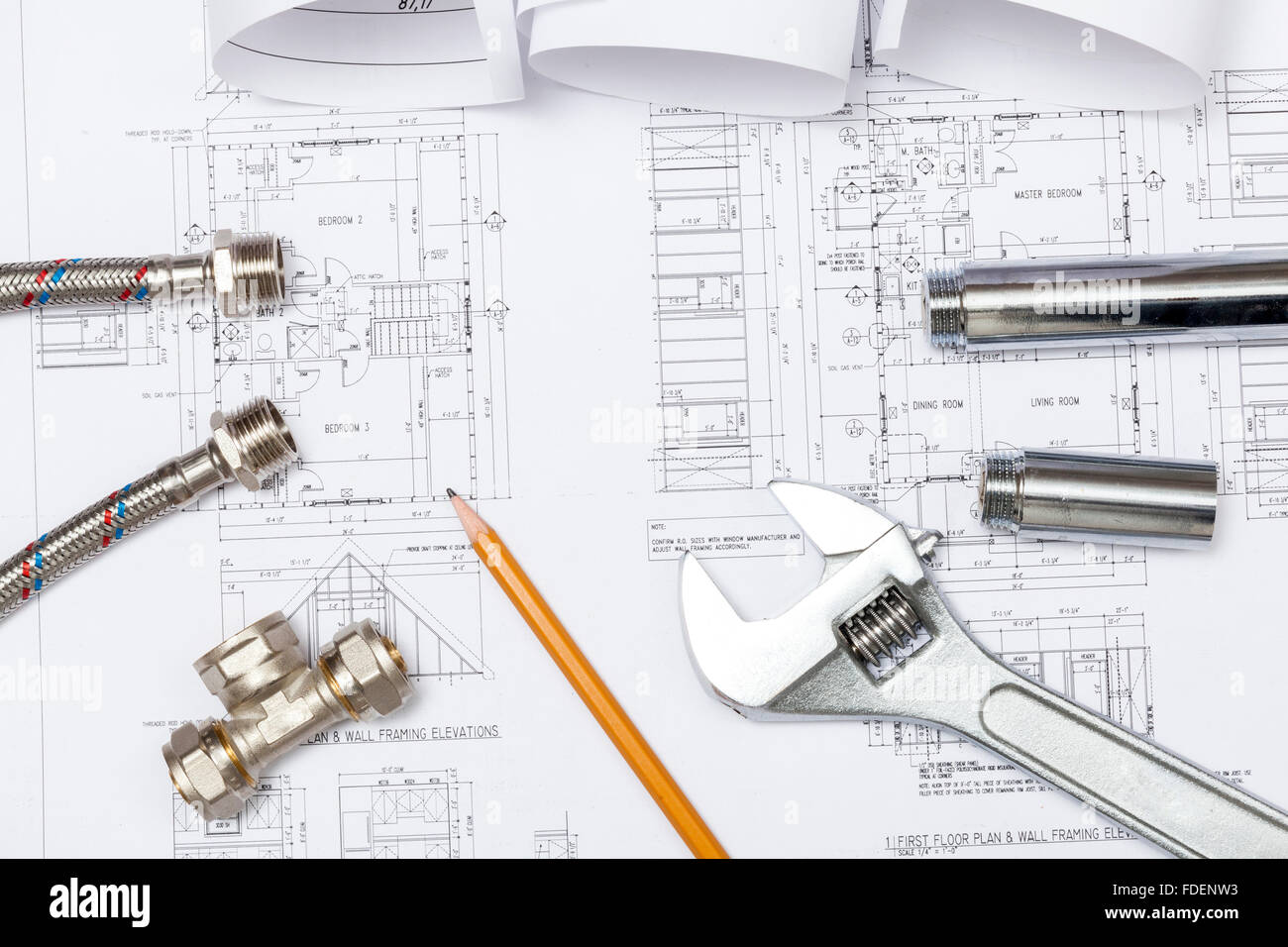 All kinds of plumbing and tools on sheet of paper Stock Photo - Alamy