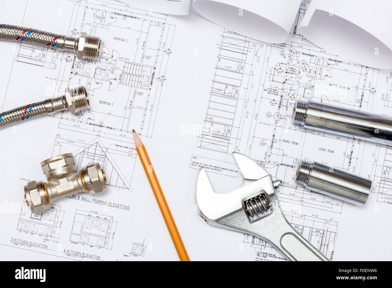 All kinds of plumbing and tools on sheet of paper Stock Photo - Alamy