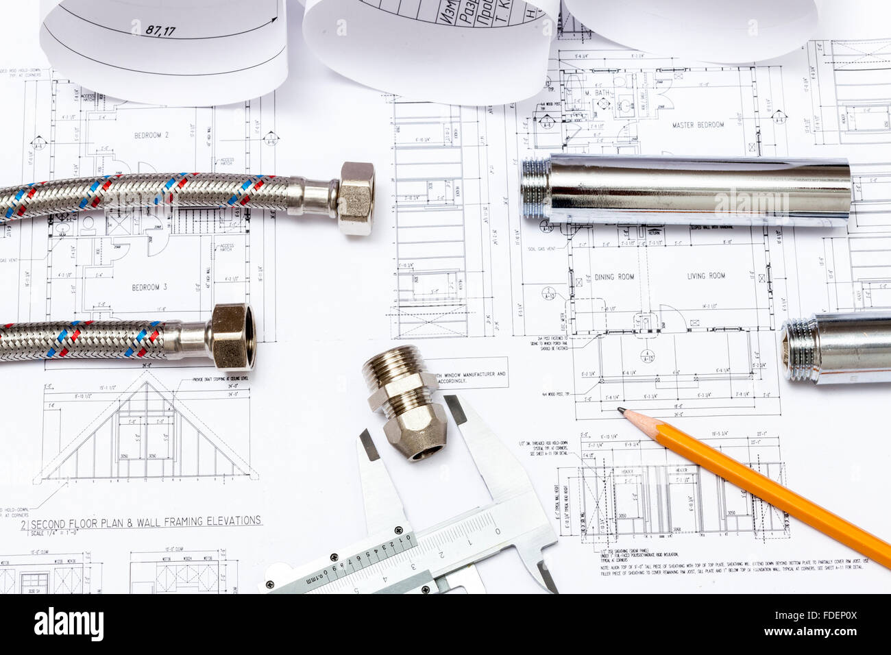 All kinds of plumbing and tools on sheet of paper Stock Photo - Alamy