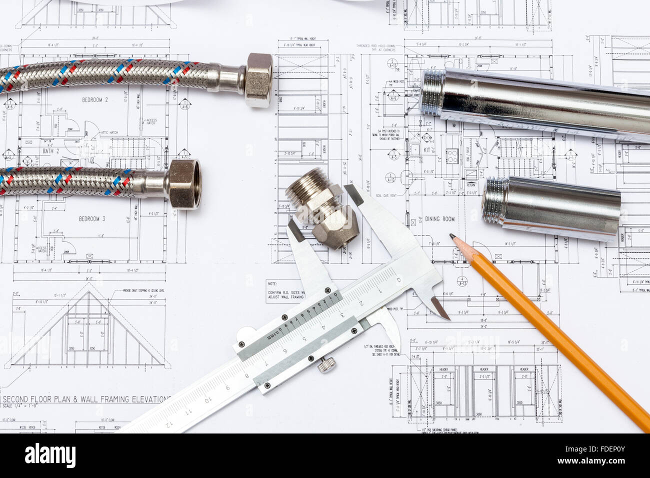 All kinds of plumbing and tools on sheet of paper Stock Photo - Alamy