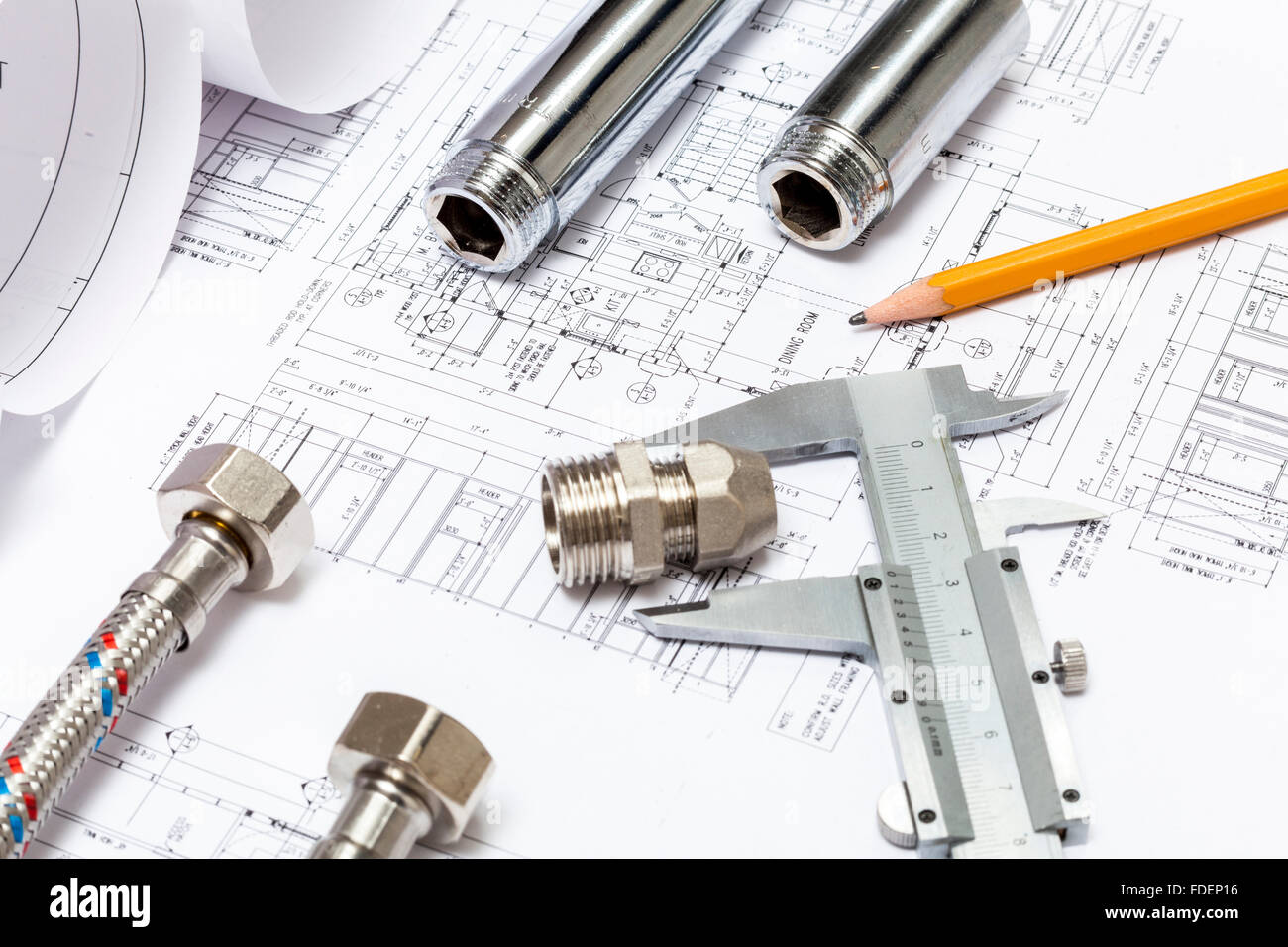 All kinds of plumbing and tools on sheet of paper Stock Photo - Alamy