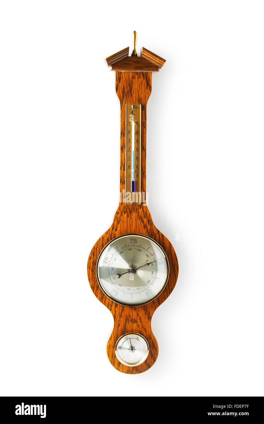 Vintage wooden barometer isolated on white background. Single object ...