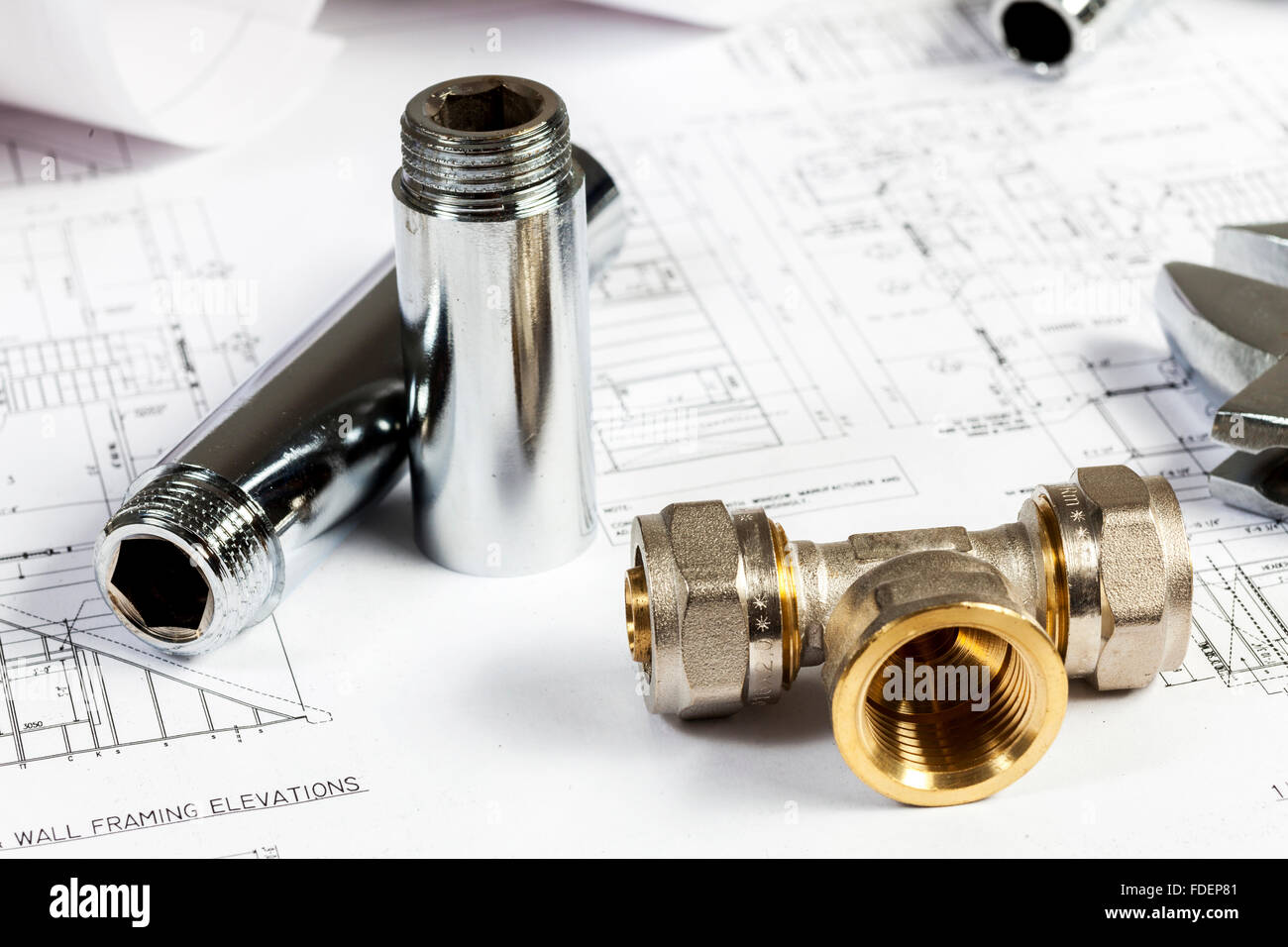 All kinds of plumbing and tools on sheet of paper Stock Photo - Alamy