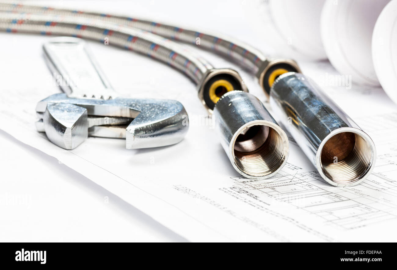 All kinds of plumbing and tools on sheet of paper Stock Photo - Alamy