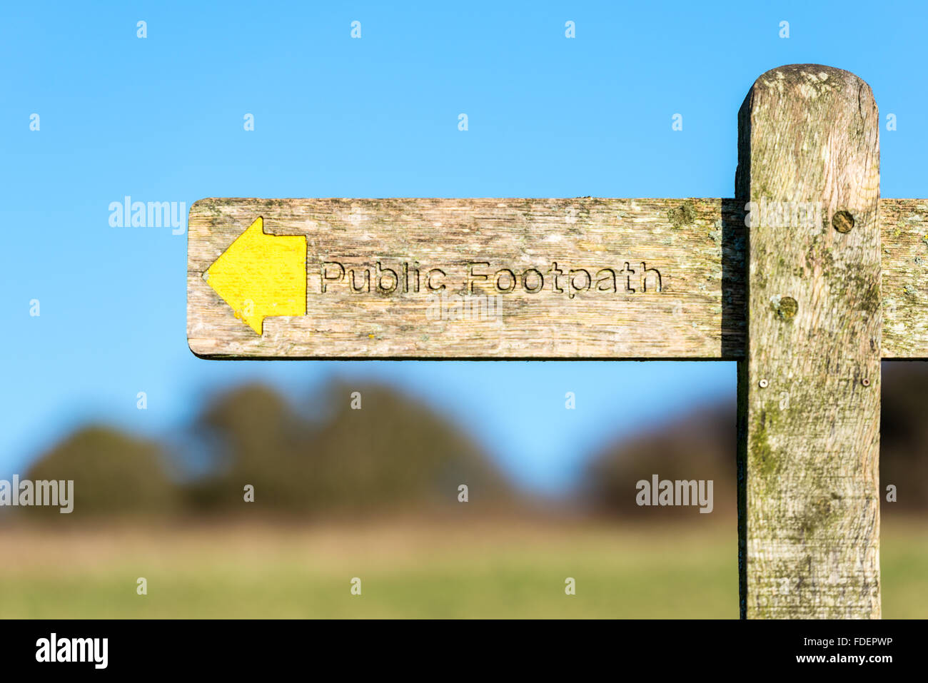 Public footpath sign against a defocused rural scene including hedgerow ...