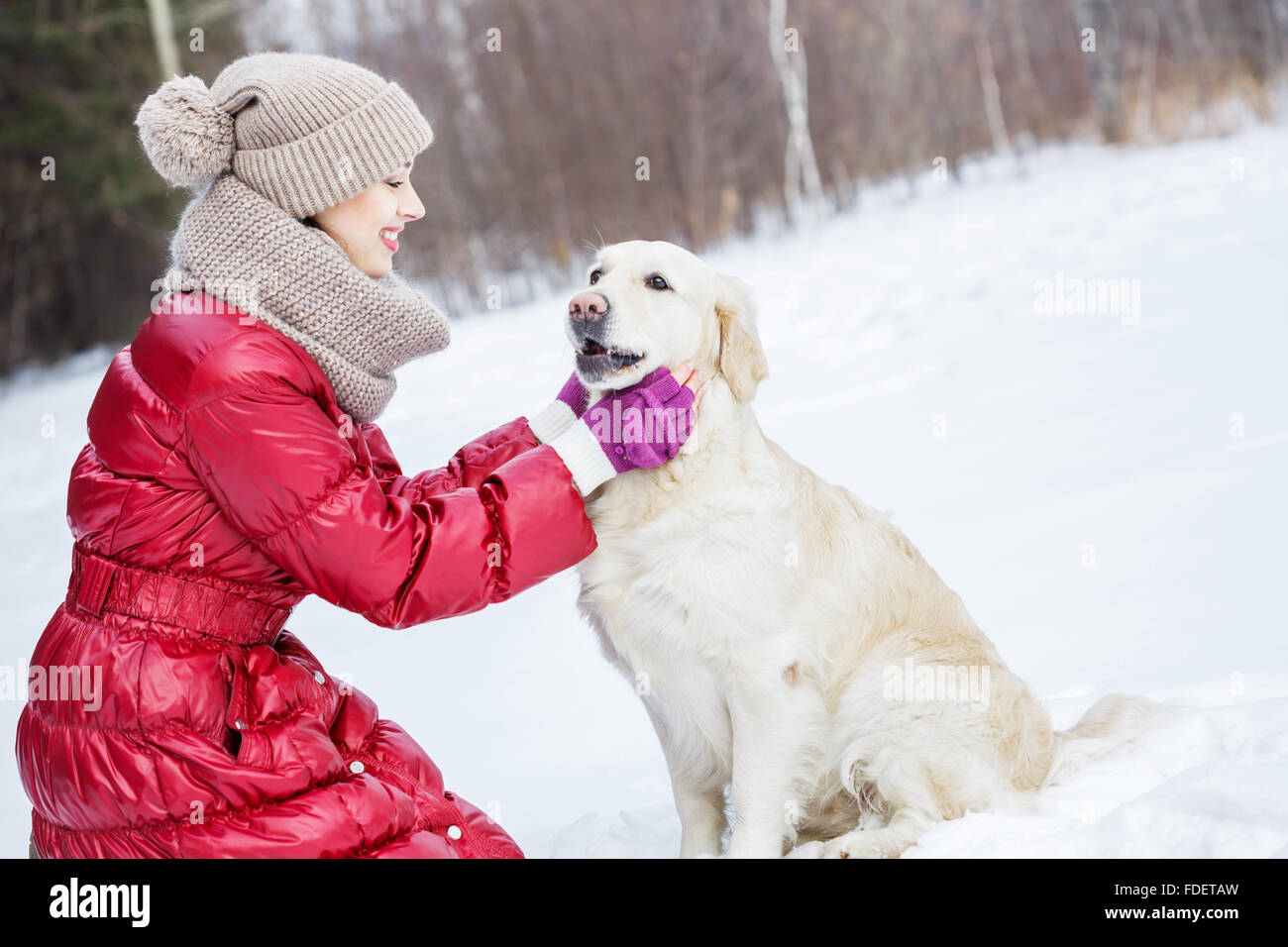 Girl with labrador dog on walk in winter park Stock Photo - Alamy