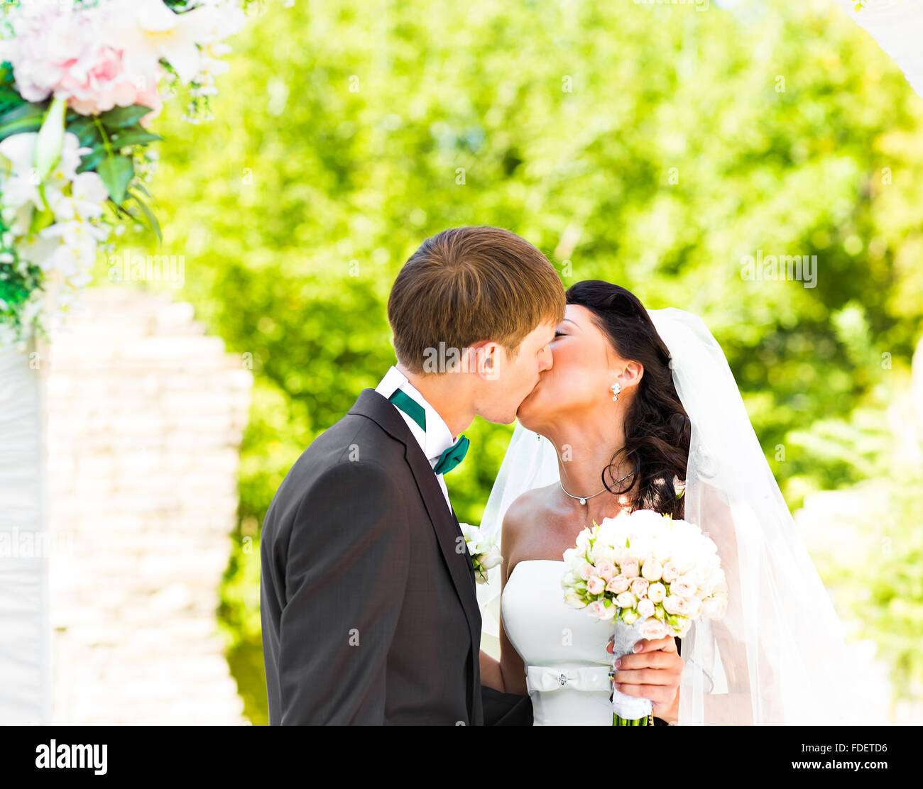 Wedding, Beautiful Romantic Bride with the Groom Kissing and Embracing ...
