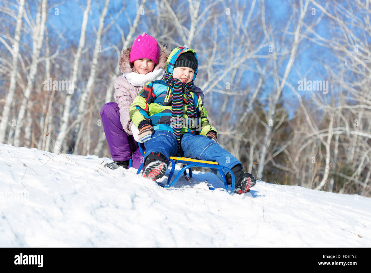 Boy and girl enjoying sledge ride in beautiful snowy winter park Stock ...