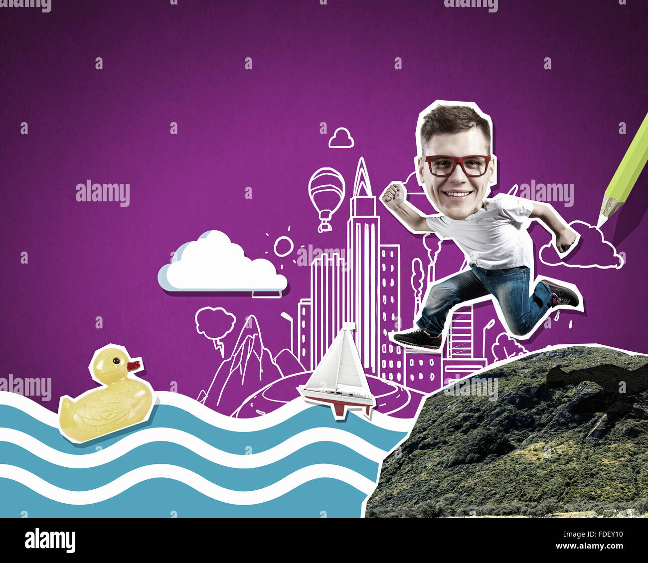 Collage image of funny running guy in casual Stock Photo - Alamy