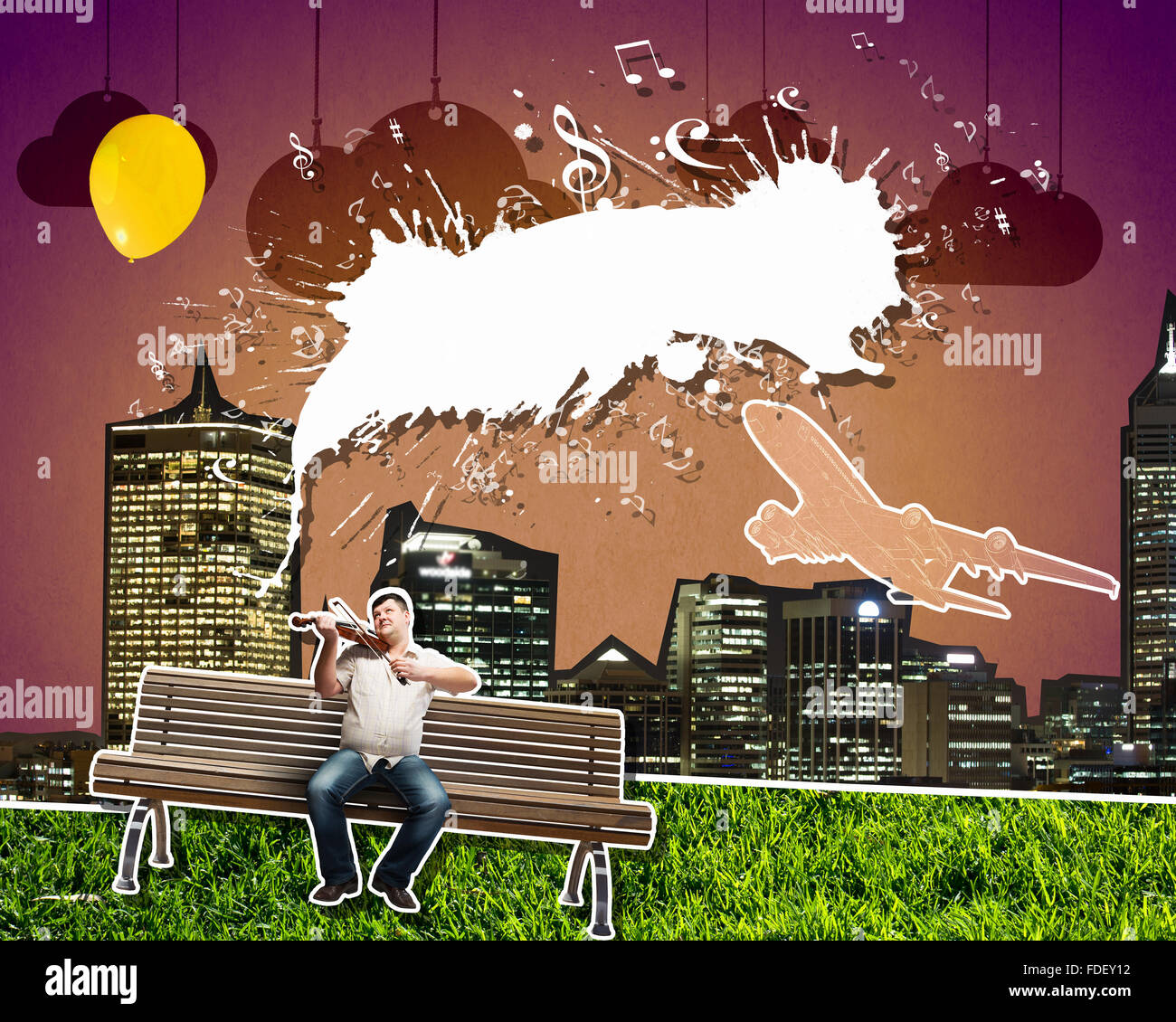 Collage image of fat man sitting on bench and playing violin Stock ...