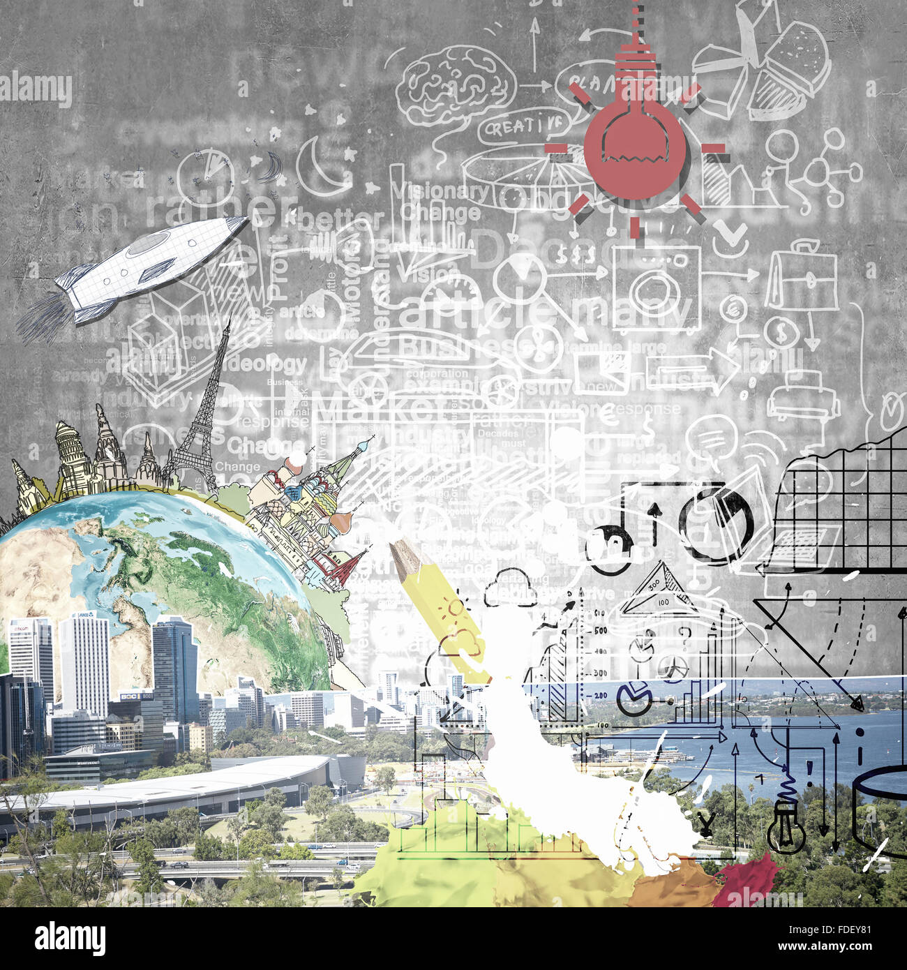Composite collage with modern city landmarks and buildings. Elements of ...