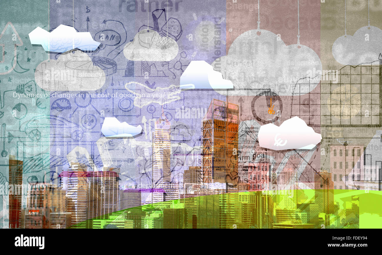 Composite collage with modern city landmarks and buildings. Elements of ...