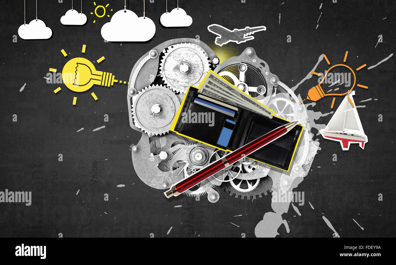 Collage image with wallet and gear mechanism Stock Photo - Alamy