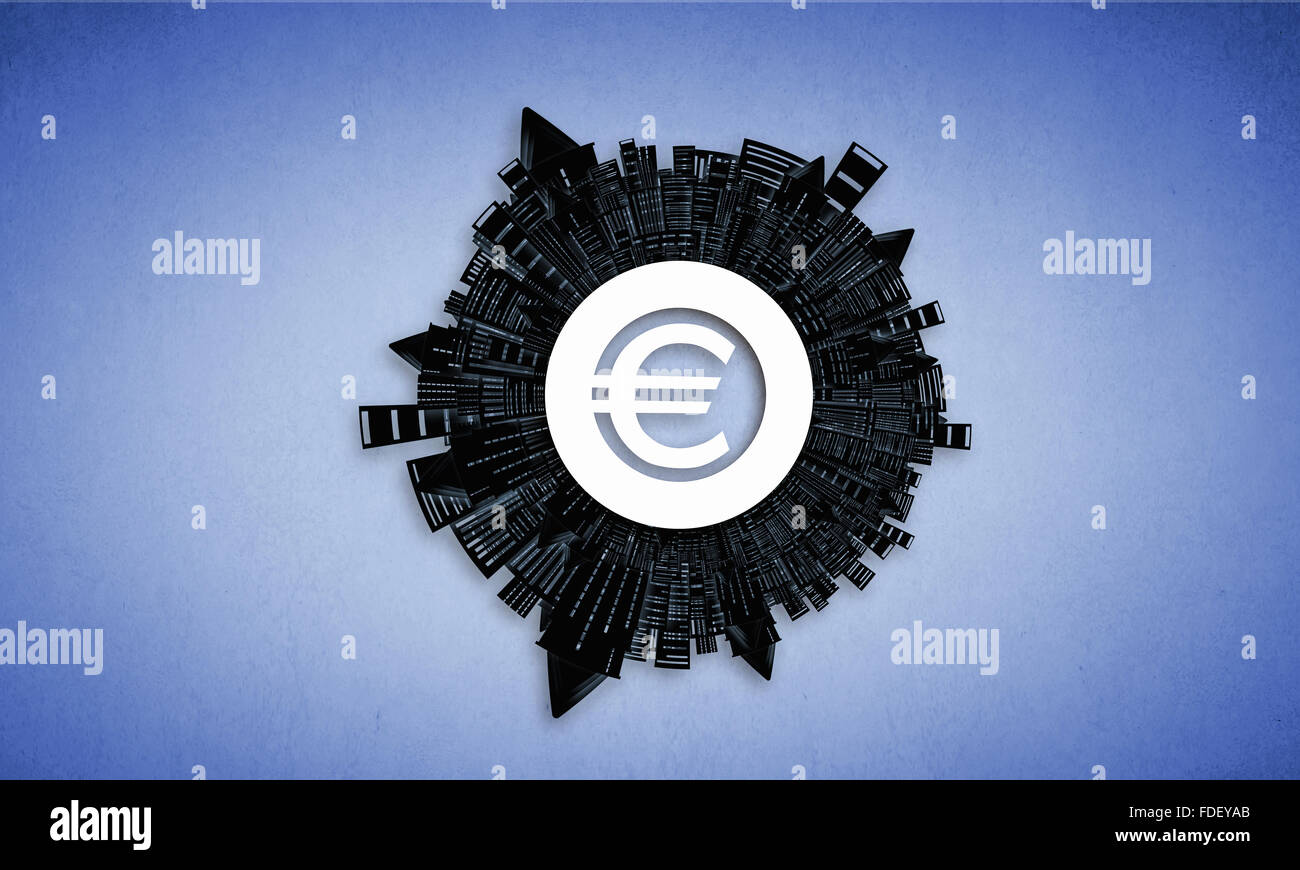 Euro sign with city buildings around on plain background Stock Photo ...