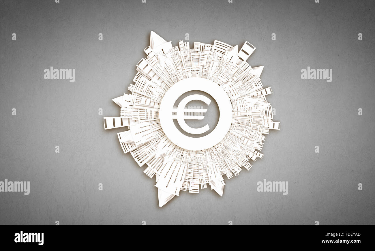 Euro sign with city buildings around on plain background Stock Photo ...