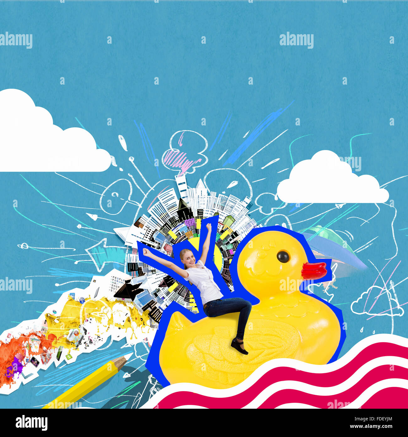 Young happy businesswoman riding yellow rubber duck Stock Photo - Alamy