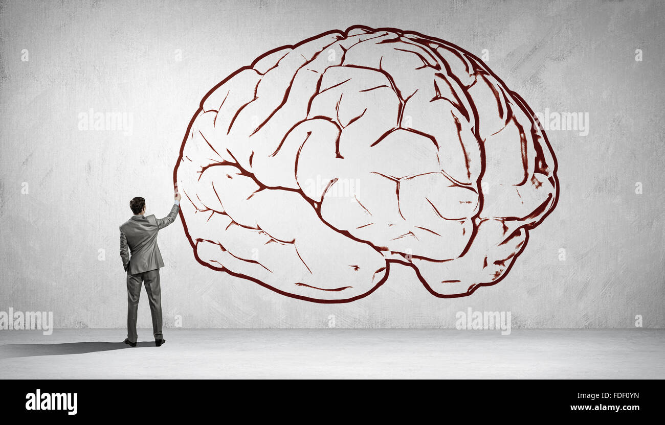 Back view of businessman drawing human brain on wall Stock Photo - Alamy