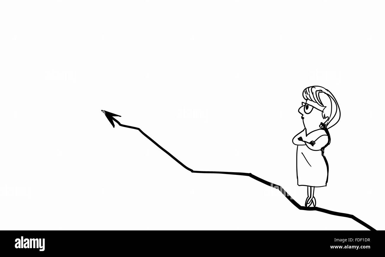 Caricature of woman standing on arrow on white background Stock Photo ...