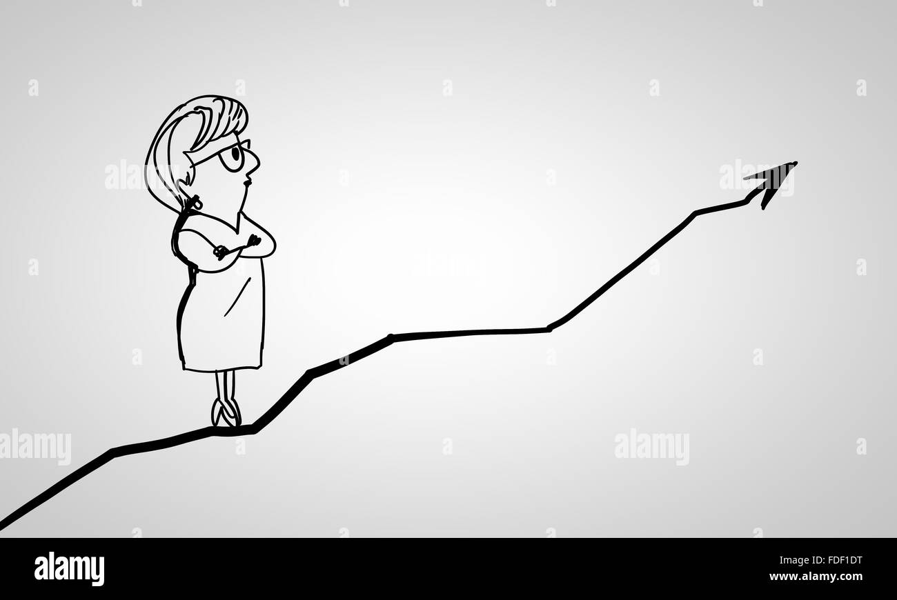 Caricature of woman standing on arrow on white background Stock Photo ...