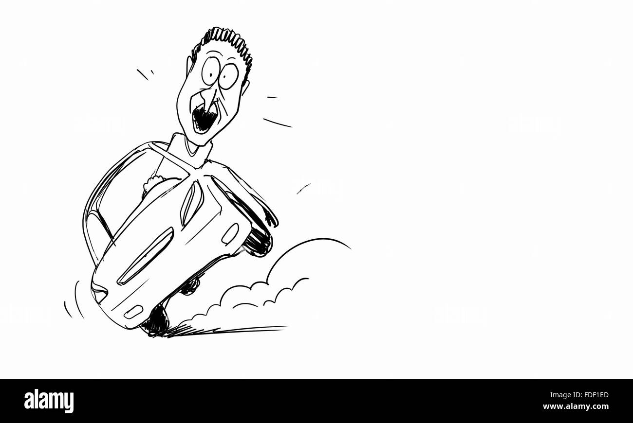 Caricature of funny man driving car on white background Stock Photo - Alamy