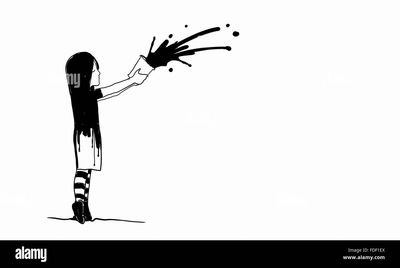 Drawing of kid girl splashing paint from bucket Stock Photo - Alamy